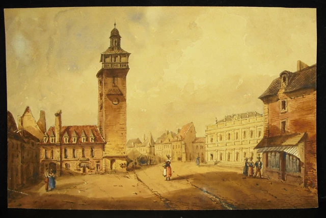 ORIGINAL WATERCOLOR DRAWING c1860 belfry clock tower Jacquemart de ...