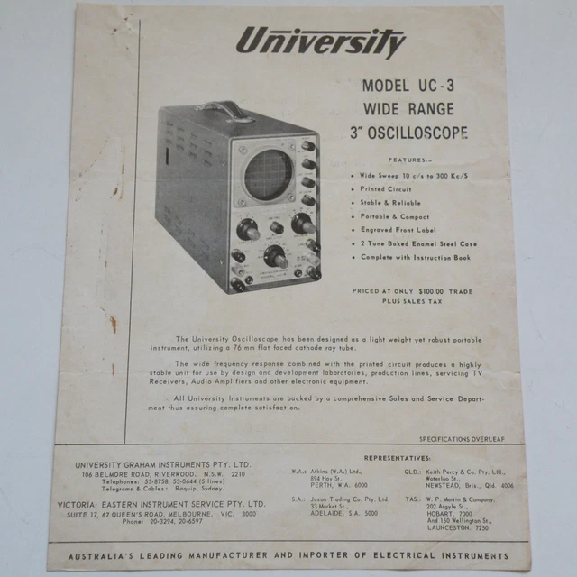 RARE AUST *UNIVERSITY Model Uc-3*Wide Range 3" Oscilloscope ...