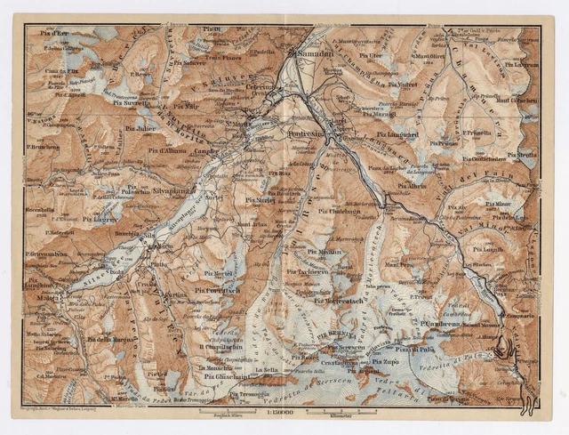 1930 ORIGINAL VINTAGE Map Of Vicinity Of St. Moritz Samedan Alps ...