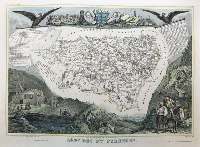 1852 ANTIQUE MAP; Dépt. Des Bses. Pyrénées. N°63. France after V ...