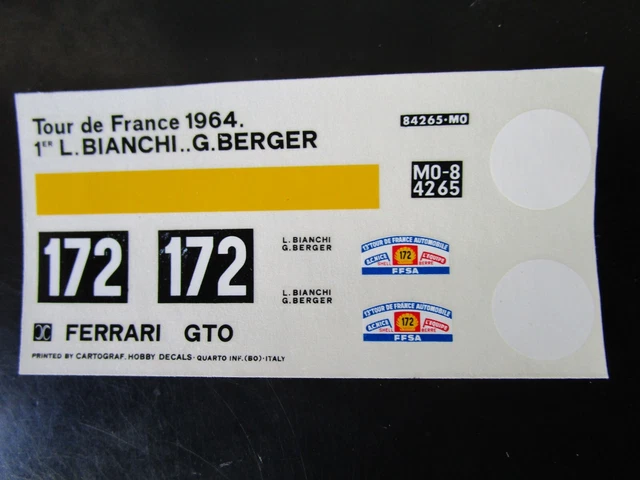 DECAL AMR CARTOGRAPH FERRARI 250 GTO 1° TOUR de FRANCE 1964 BIANCHI ...