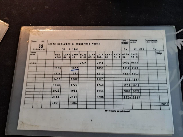 LONDON TRANSPORT ROUTEMASTER Bus Conductors Time Card Route 69 West Ham ...