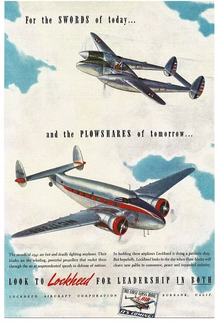 1941 LOCKHEED AIRCRAFT Lodestar and WWII P-38 Lightning Vintage Print ...