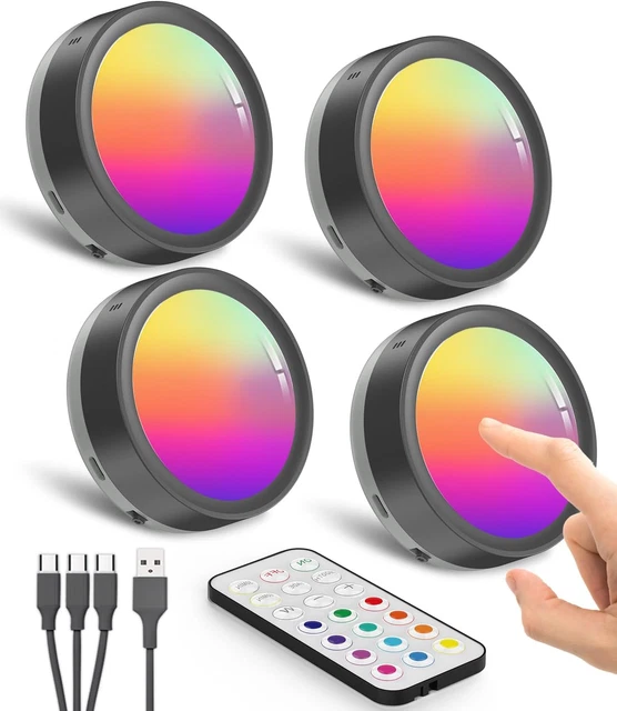 RECHARGEABLE RGB PUCK Lights with Remote Control, Black 1600Mah Battery ...
