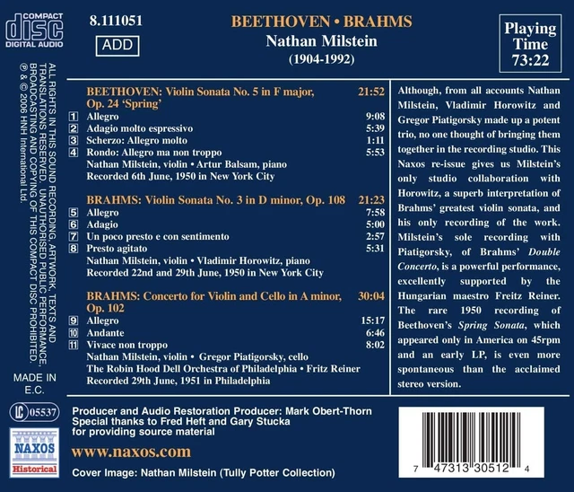 MILSTEIN:HOROWITZ:PIATIGORSKY DOUBLE CONCERTO/VIOLIN Sonata No. 5 ...