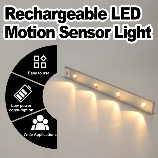 ULTRA SLIM LED Motion Sensor Light Strip Infrad Lamp Usb Rechargeable ...