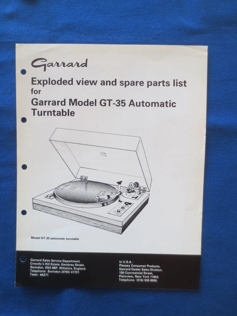 GARRARD GT-35 TURNTABLE Exploded View Spare Parts List Manual Factory ...
