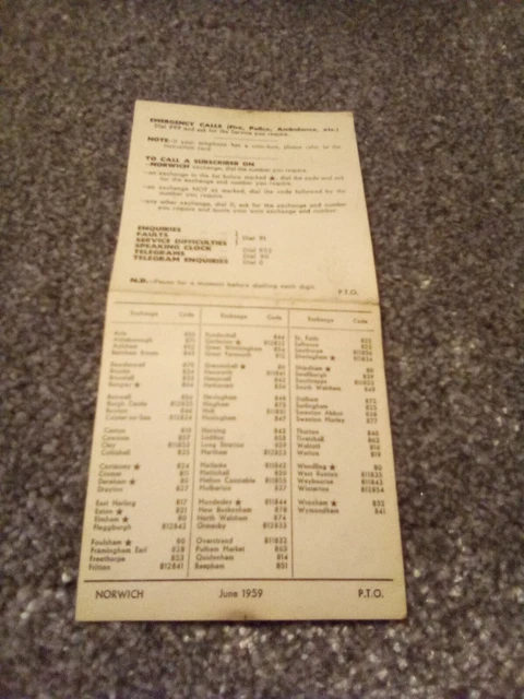 ORIGINAL GPO DIALLING Code Card £0.99 - PicClick UK