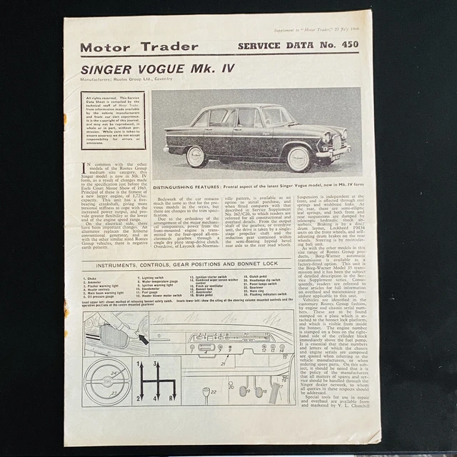 MOTOR TRADER SINGER Vogue Mk IV Service Data 450 Australia 1966 $12.00 ...