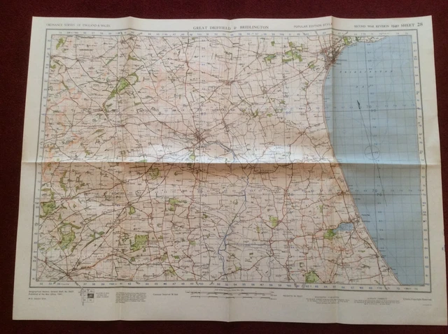 WW2 WAR OFFICE 1940 Military Map Gt. Driffield & Bridlington Home Guard ...