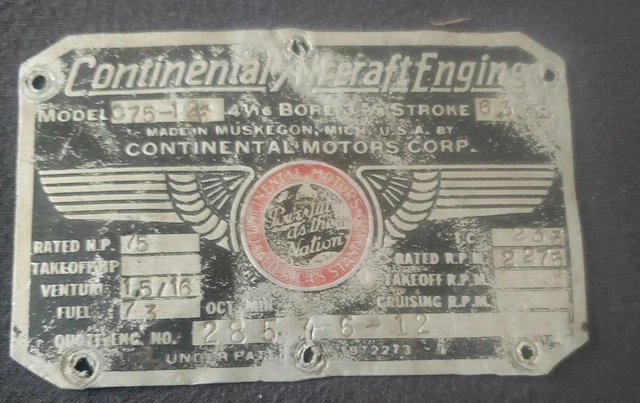 VINTAGE ORIGINAL CONTINENTAL Aircraft Engine Data Plate #3 $60.00 ...