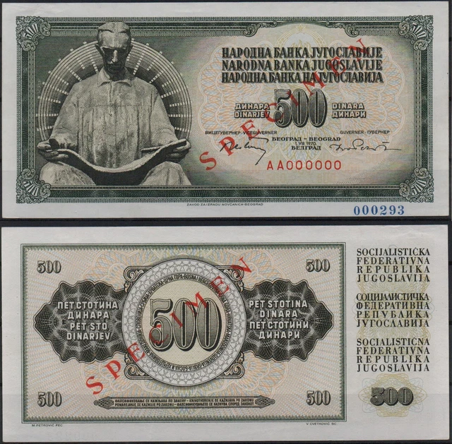 [29240] - SPECIMEN BANKNOTE JUGOSLAWIEN / YUGOSLAVIA, 500 Dinara, 01.08 ...