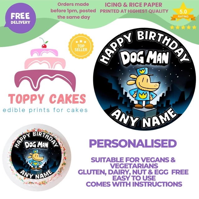 7.5& PERSONALISED DOG Man Birthday Cake Topper Edible Icing/Rice Paper ...
