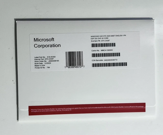 MICROSOFT WINDOWS SERVER 2025 Standard 32Cores 64Bit DVD-Product Key £ ...