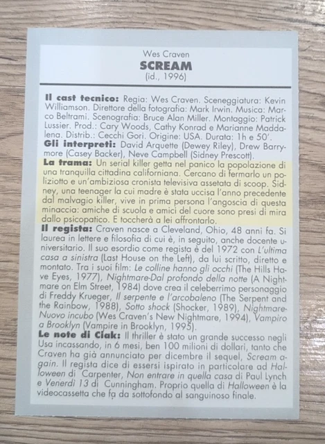 SCREAM - CHI Urla Muore - Wes Craven - Cartolina Promozionale Ciak ...