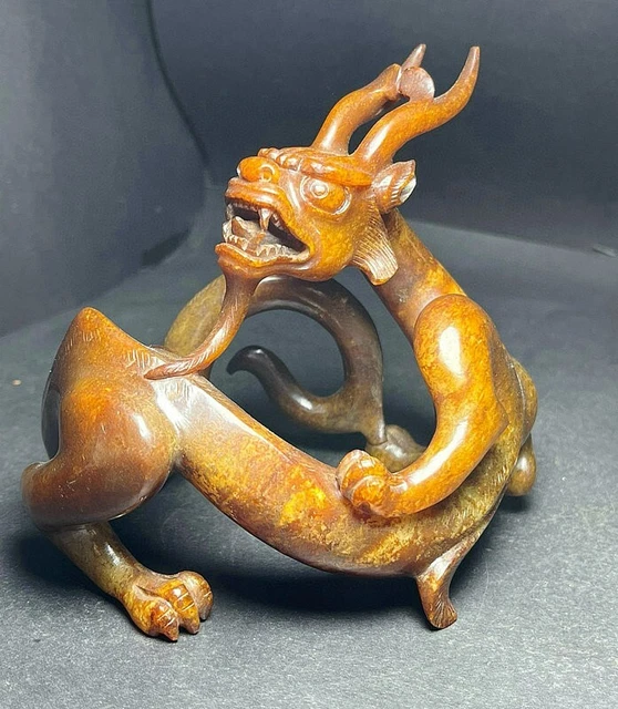 4.9& CHINESE MARKED Old Hetian Yellow Jade Carving Fengshui Dragon ...