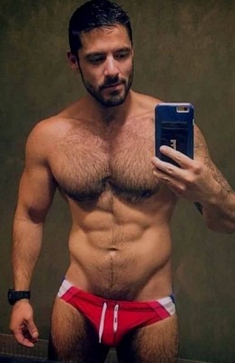 SHIRTLESS MALE BEEFCAKE Hunk Hairy Chest Beard Briefs Show Off PHOTO ...
