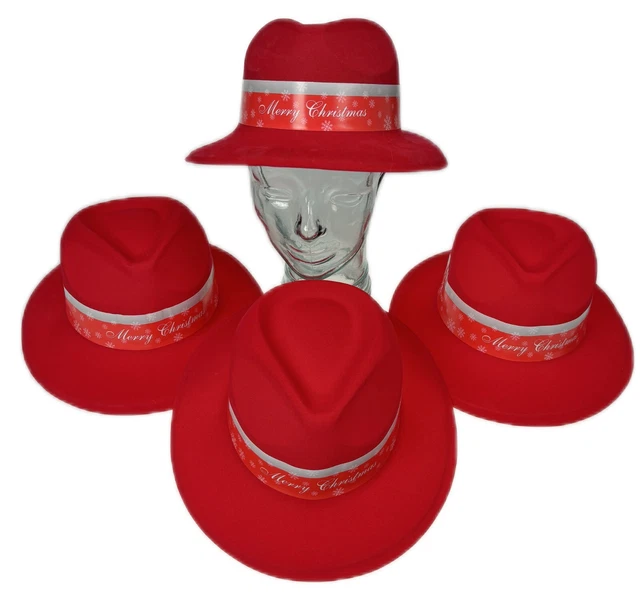 4 MERRY CHRISTMAS Red Plastic Fedora Xmas Party Hat Adult Oriental ...