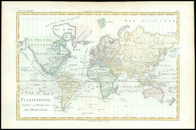 1780 - ORIGINAL Antique Map of PLANISPHERE MERCATOR World Map by Bonne ...