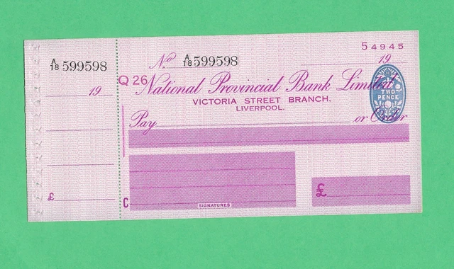 NATIONAL PROVINCIAL BANK Ltd., Victoria Street, unissued cheque, duty ...