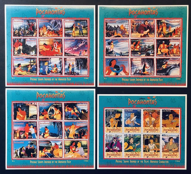 GUYANA 4 POCAHONTAS Disney Stamp Sheets 1995 Mnh Animated Film John ...