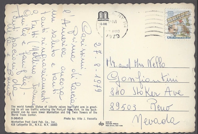 STATUE OF LIBERTY New York City Postcard Port of New York Skyline Twin ...