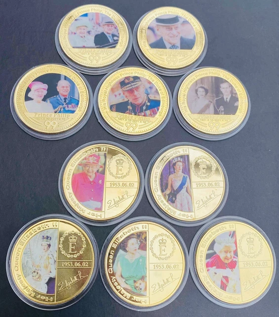 QUEEN ELIZABETH LL & Prince Philip x10 Gold Plated Coin Set - Royal ...