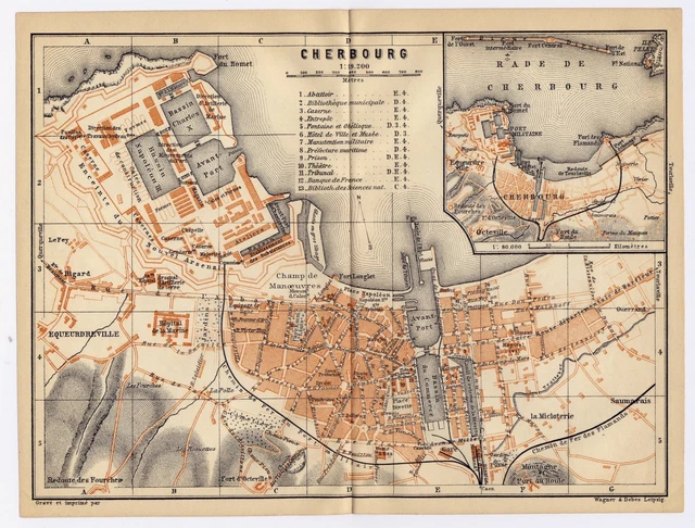 1919 ORIGINAL VINTAGE City Map Of Cherbourg / Normandy Normandie ...