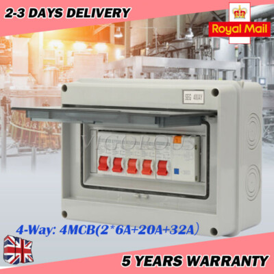 4 WAY GARAGE IP65 Weatherproof Consumer Unit Enclosure 63A 30mA RCD MCB ...