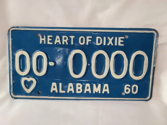 VINTAGE 1960 ALABAMA 00 0000 Heart of Dixie Sample License Plate 02223 ...