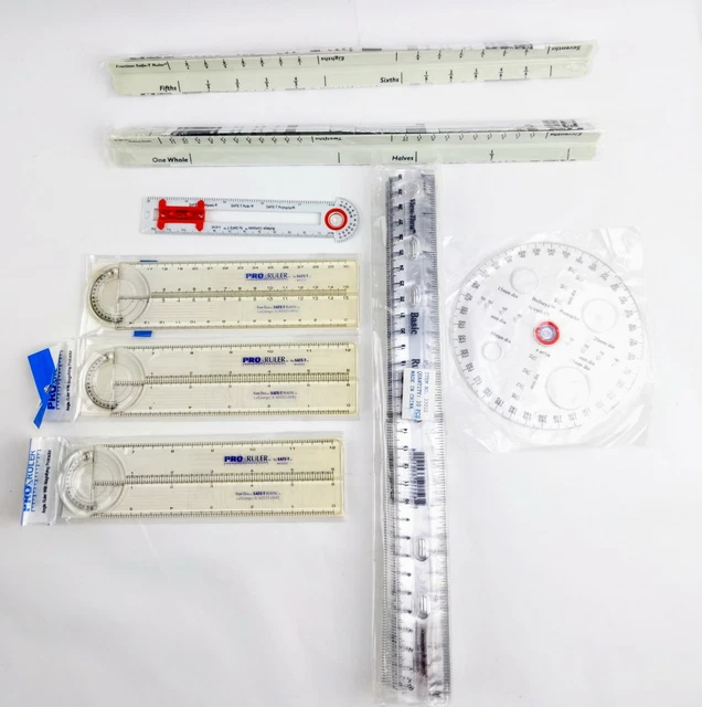 LOT OF RULERS Basic Angle Circle Bullseye Protractor, Fraction Safe-t ...