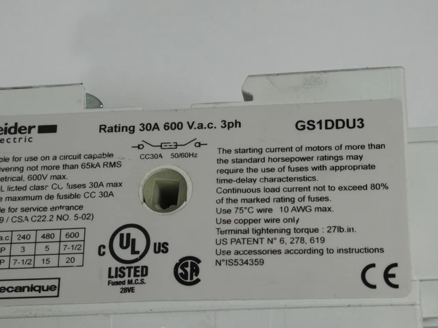 SCHNEIDER ELECTRIC GS1DDU3 Disconnect Switch w/Handle 30A 600V 3P ! WOW ...