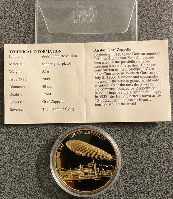 AIRSHIP GRAF ZEPPELIN,MILESTONE FLIGHT, 24ct GOLD PLATED PROOF COIN.40 ...