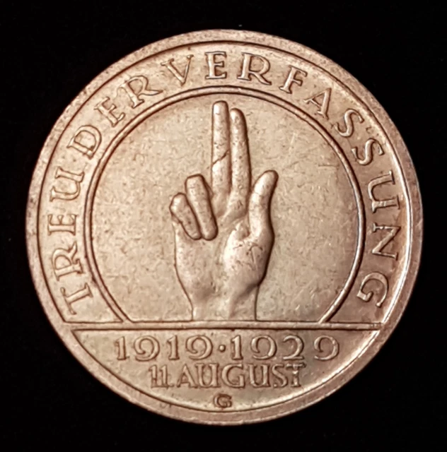 COIN; GERMAN REICH, Weimar Reich Constitution, 5 marks, 1929 G, Jaeger ...