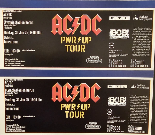 AC/DC 2 TICKETS Berlin Stehplätze Innenraum 30.06.2025 EUR 168,00 - PicClick DE