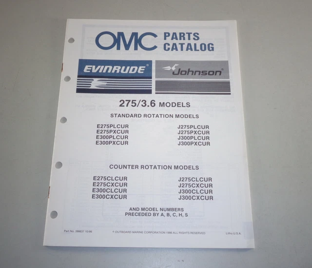 PARTS CATALOG / Parts List OMC Johnson Evinrude Outboard 275 / 3.6 Models 1986 £17.22 - PicClick UK