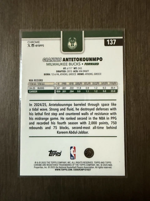 2025-26 TOPPS CHROME NBA Giannis Antetkounmpo #137 Aqua RayWave ...