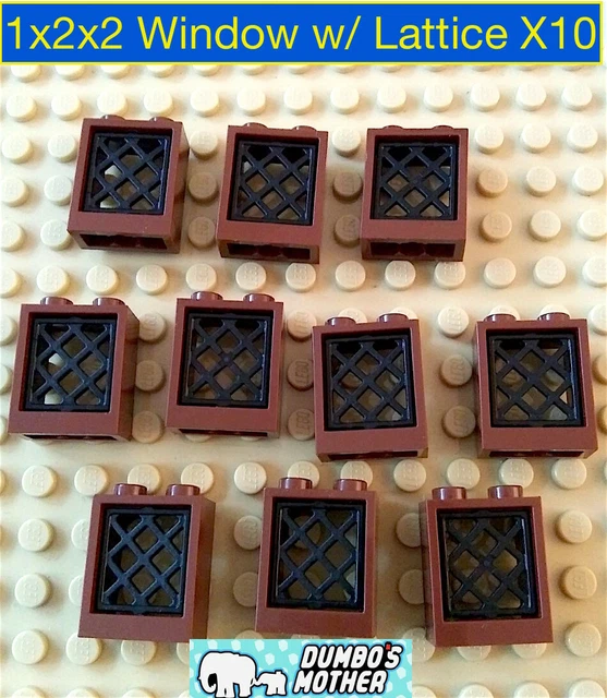 LEGO REDDISH BROWN Window 1x2x2 Flat Front w/ Black Lattice Pane X10 ...