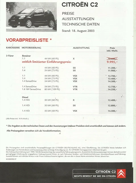 PROSPEKT INFOBLATT CITROEN Preise C2 2003 EUR 1,00 - PicClick DE