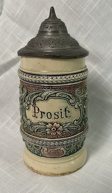 VTG PROSIT GERMAN Beer Stein Floral Scroll Pewter Metal Hinged Lid $117 ...