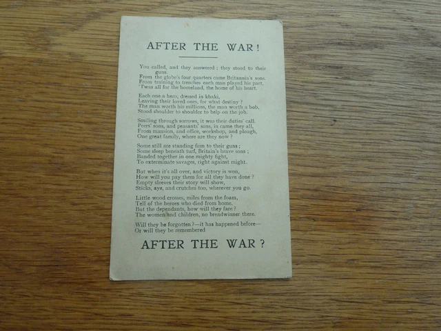 WW1 ORIGINAL ANTI War "After The War!" Poem On Card Postcard Size £4.99 ...
