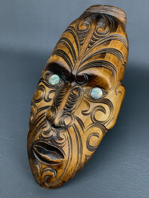 VINTAGE HAND CARVED Maori Mask Wall Hanging in Kauri Paua Eyes $50.00 ...