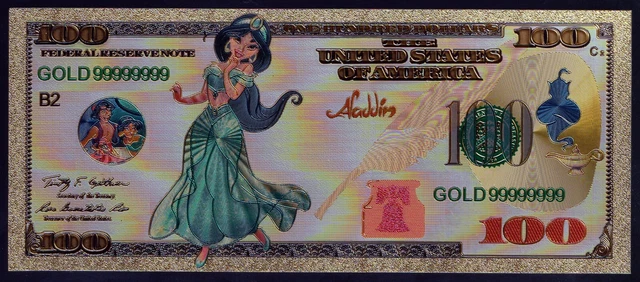DISNEY PRINCESS &JASMINE Aladdin" USA $100 Gold Foil Plastic Banknote ...
