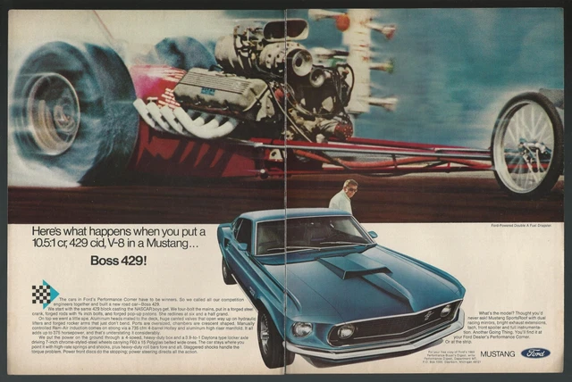 1969 FORD MUSTANG Boss 429 2-page advertisement, with dragster, print ...