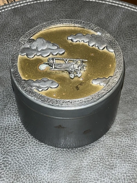 VINTAGE RARE GERMAN 1976 Early Aviation Scene Pewter Decor Container W ...