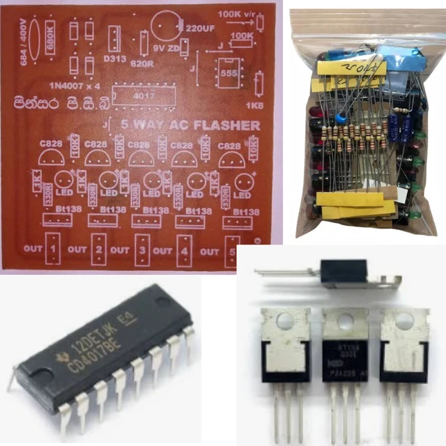 5 WAY AC 230V Bulb Flasher Circuit BT138 CD4017 NE555 PCB DIY Kits five ...