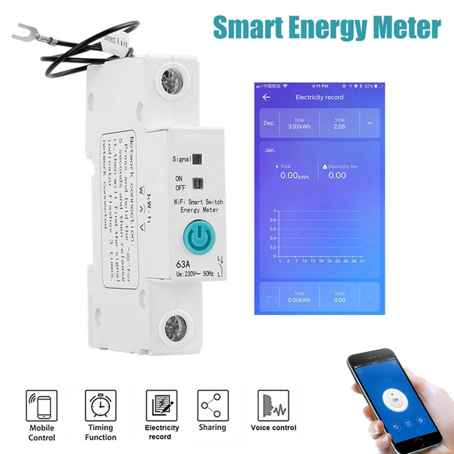 SMART ENERGY METER 63A Single Phase WIFI Power Consumption Electrical ...