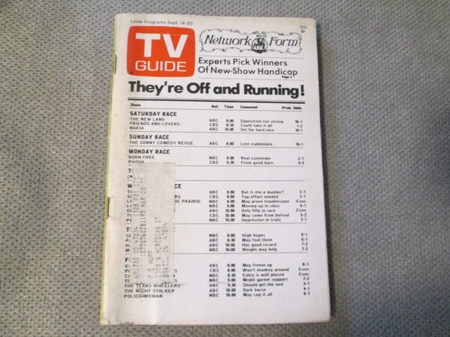 TV GUIDE 1974 September 14-20 Fall Ratings Race Car Crash Stunt OJ ...