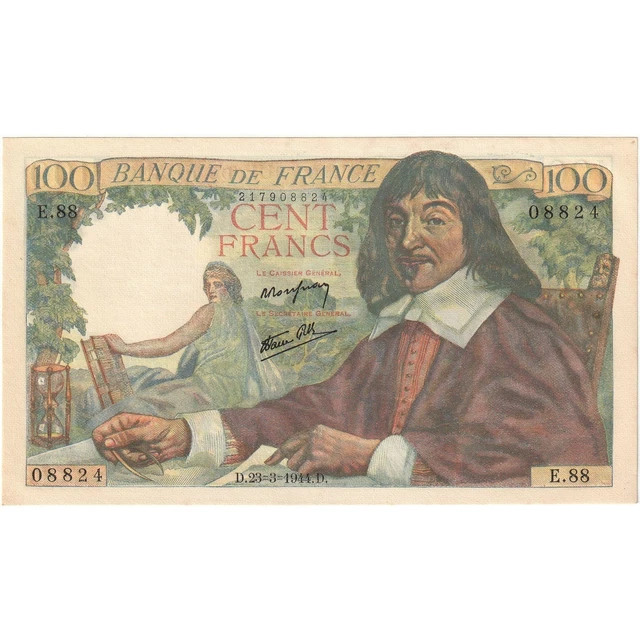 [#393226] FRANCE, 100 Francs, Descartes, 1944, E.88, SPL+, Fayette:27.5 ...