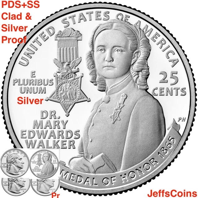 2024 P D S S S Mary Edwards Walker Quarter PDS + Clad & Silver Proof In ...